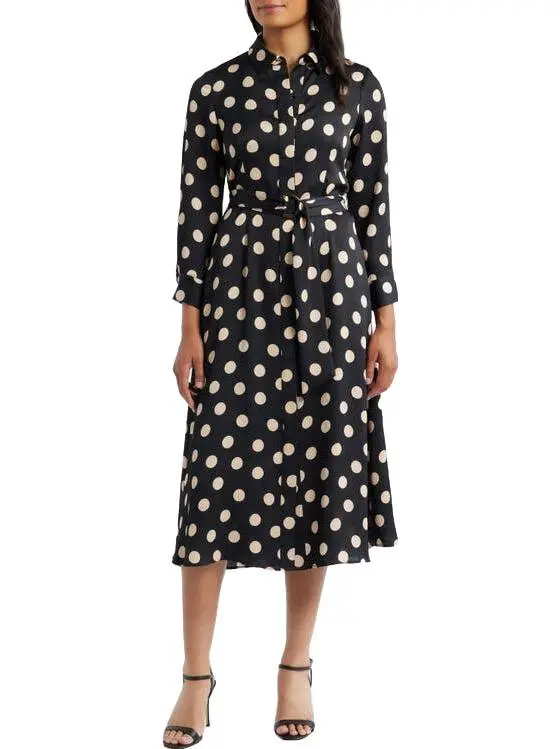 Julia Jordan Polka Dot Long Sleeve Midi Shirtdress - Black Multi