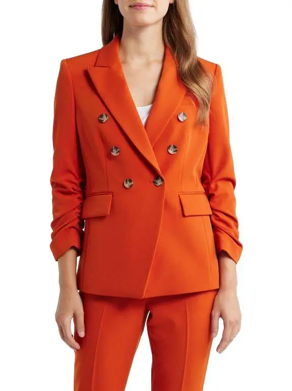 TAHARI ASL Double-breasted Jacket With Ruched Sleeves - Persimmon