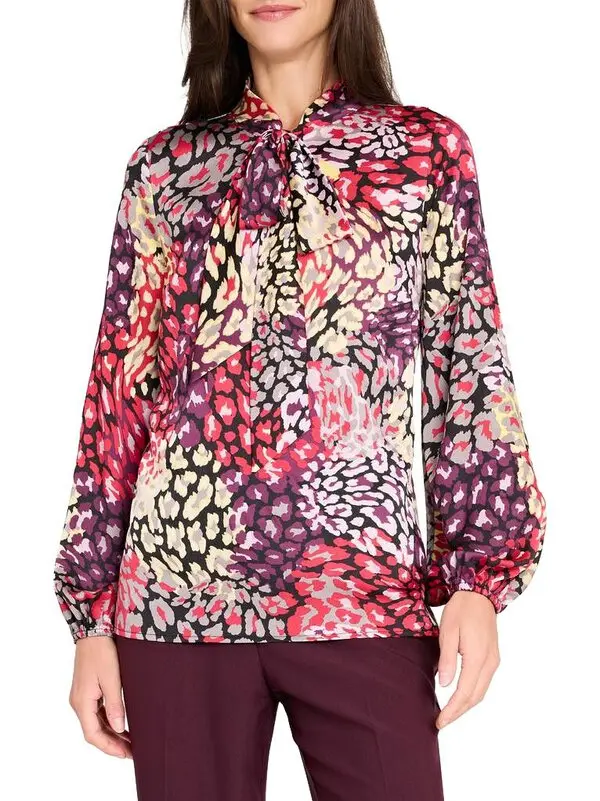 TAHARI ASL Printed Tie Neck Top - Multi Leopard