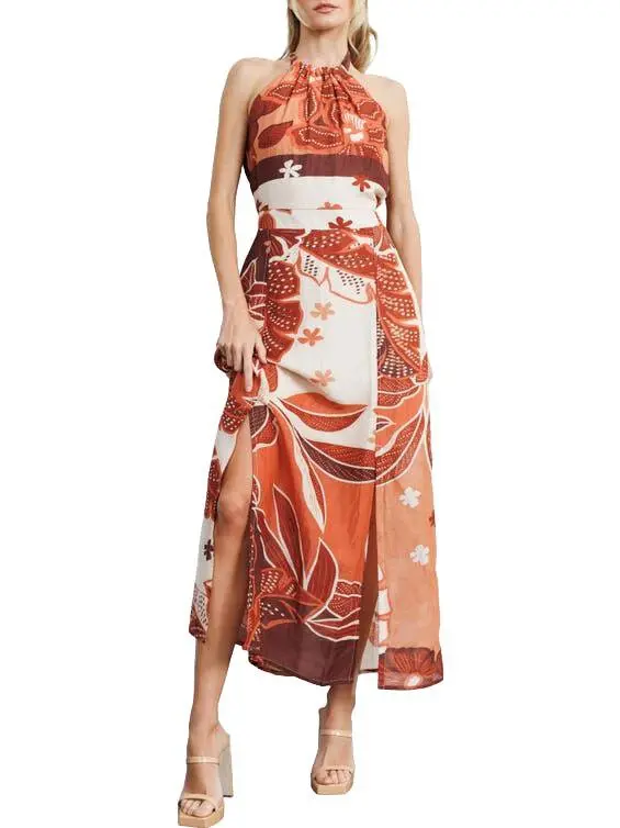 CIEBON Floral Halter Maxi Dress - Brown Multi