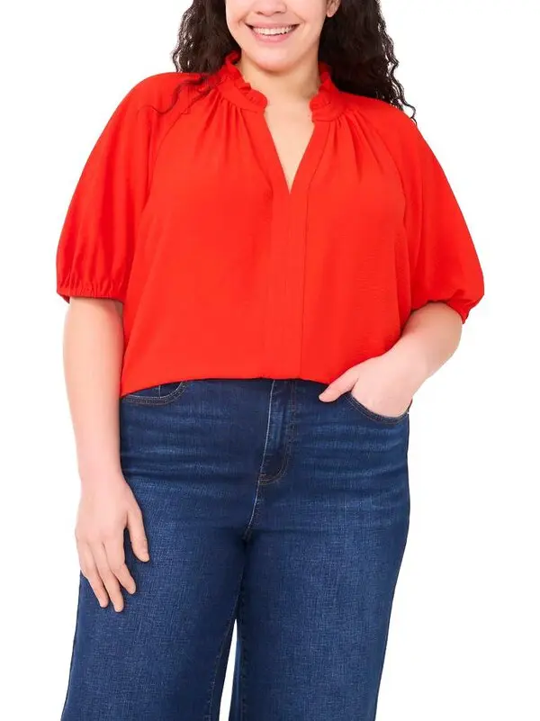 CECE DUPRAZ Ruffle Neck Crepe Top - Fiery Red