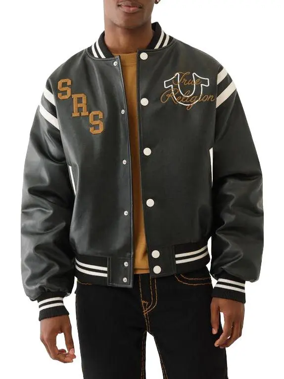 True Religion Faux Leather Varsity Jacket - Jet Black