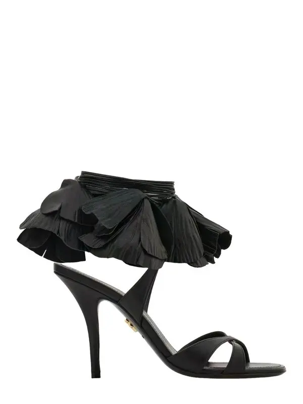 FERRAGAMO Nappa Leather Flower Embellished Sandals With Ankle Laces - Black