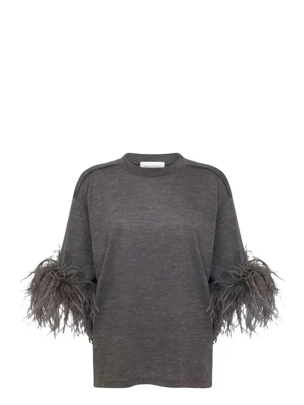 16Arlington Teodora Ostrich Feather-embellished Wool Top - Grey