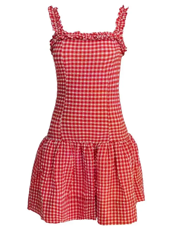 GANNI Ruffle-trimmed Gingham Mini Dress - Red