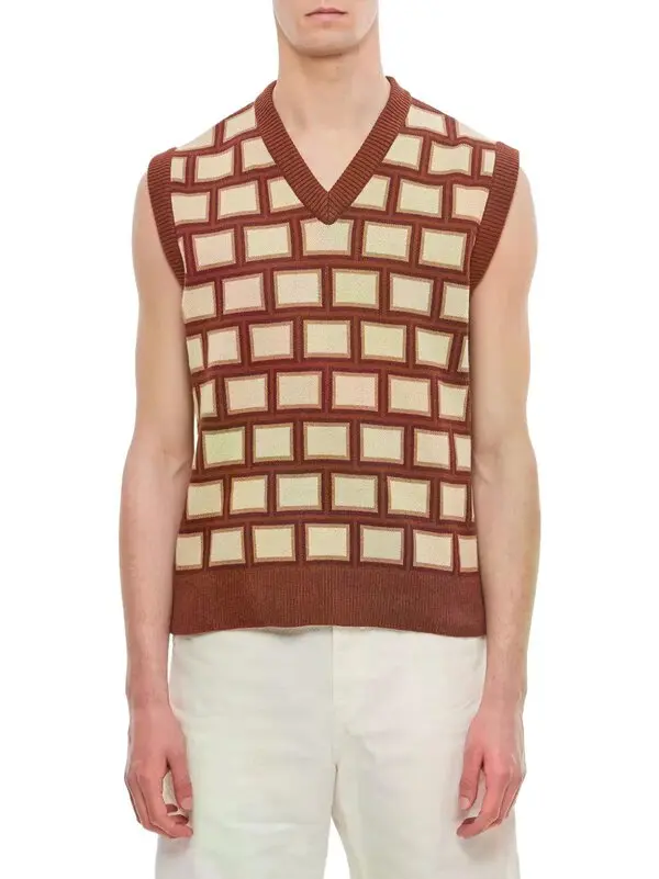 CHATEAU ORLANDO Square Pattern V-neck Top - Brown
