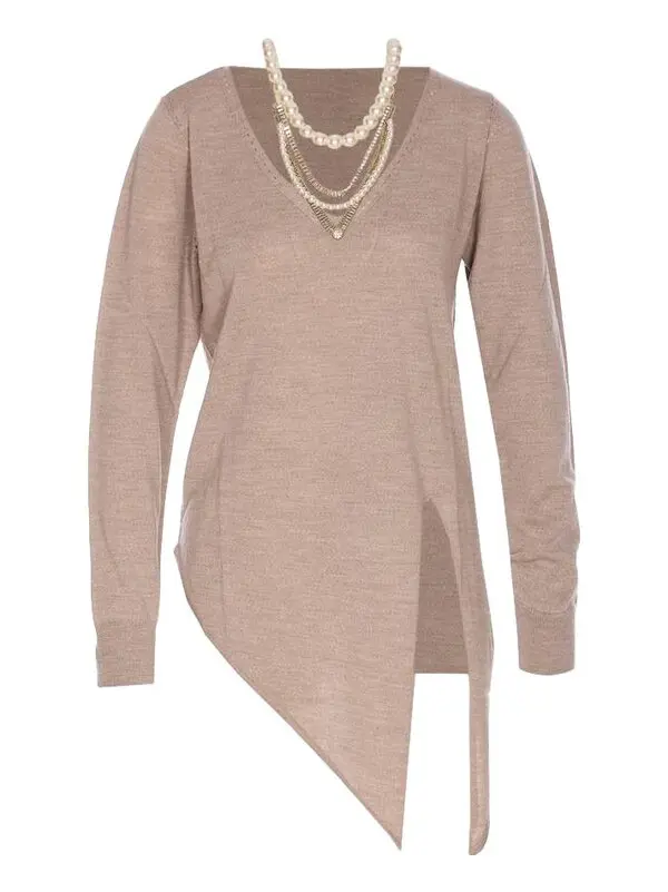 Liu Jo Sweater With Pearl And Crystal Necklace - Beige