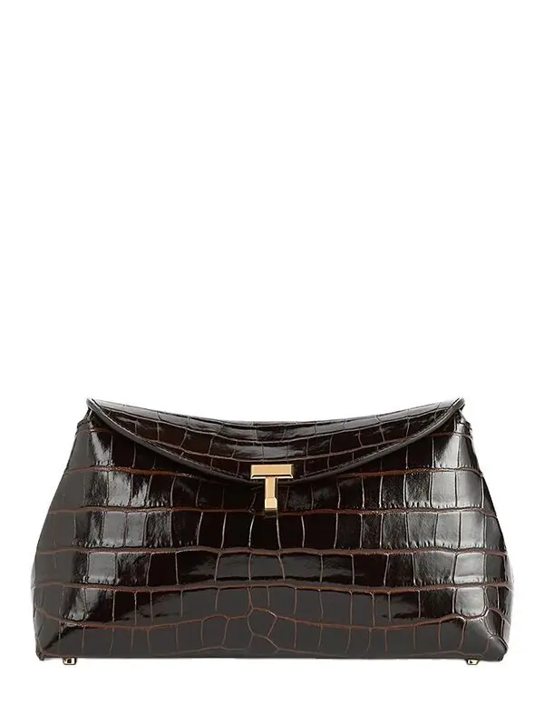 TOTEME T-lock Croc-embossed Convertible Clutch - Dark Brown Croc-embossed Leather