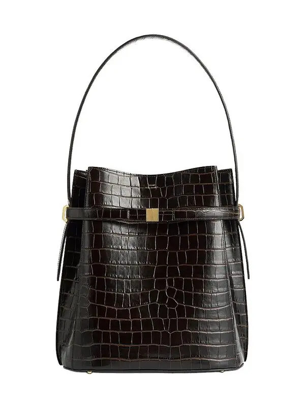 TOTEME Belted Croc-embossed Bucket Bag - Dark Brown