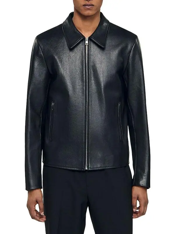 Sandro Leather Zip-up Jacket - Black