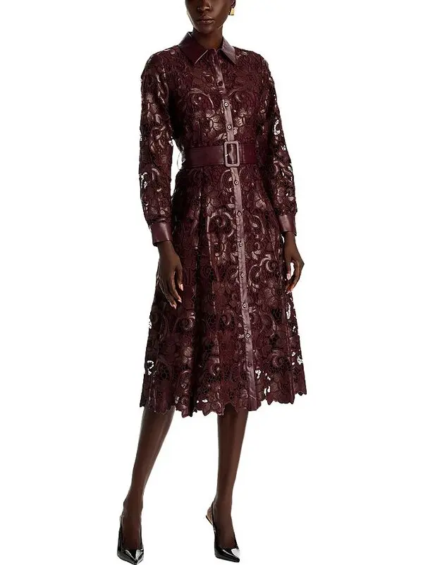 Elie Tahari Chayenne Faux Leather Lace Midi Dress - Noir Berry