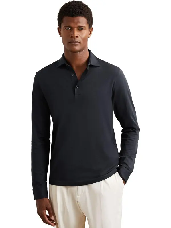 REISS Porofino Cotton-jersey Long Sleeve Polo Shirt - Navy