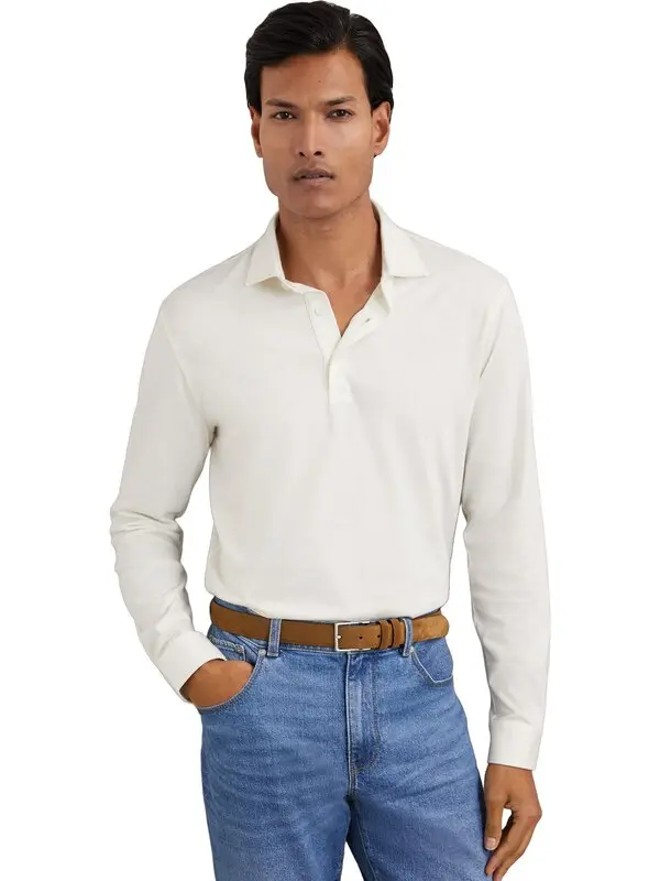 REISS Porofino Cotton-jersey Long Sleeve Polo Shirt - White