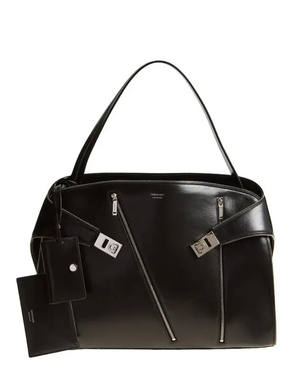 FERRAGAMO Medium Hug Multizip Shoulder Bag - Nero