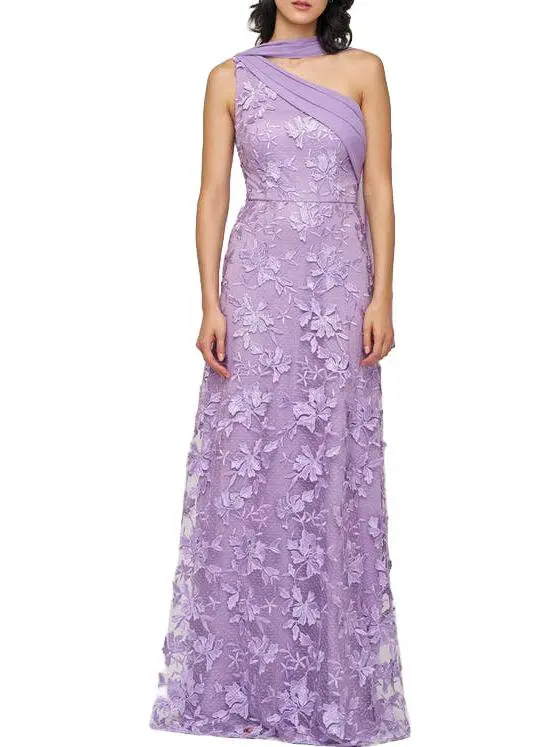 Js Collections Nola Embroidered Floral Scarf Detail One-shoulder Gown - Lilac