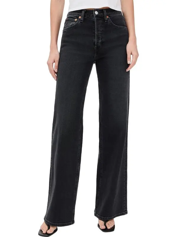 RE/DONE High-rise Wide-leg Stretch Denim Jeans - Washed Noir