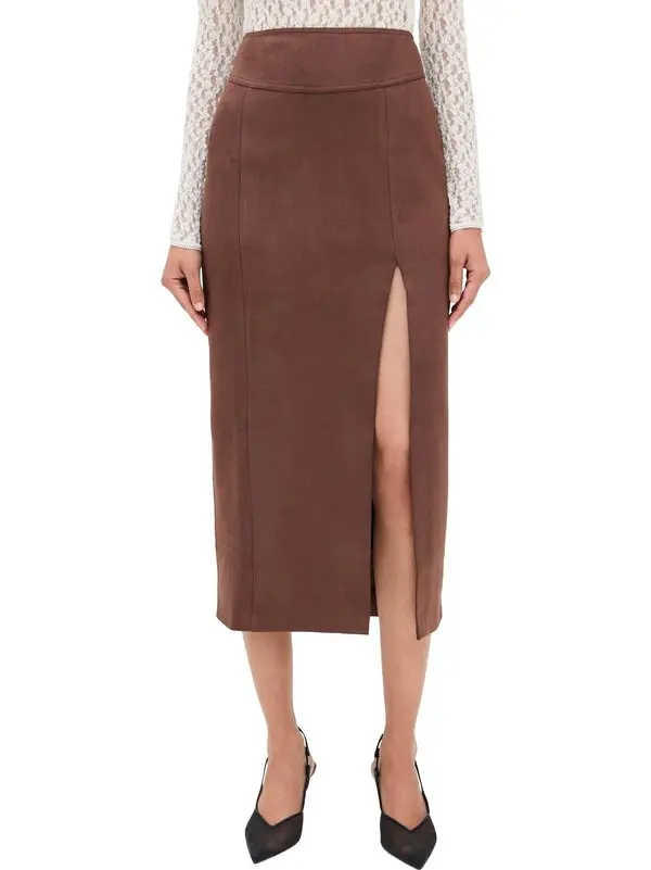 Bardot Dante Vegan Suede Midi Skirt - Chocolate