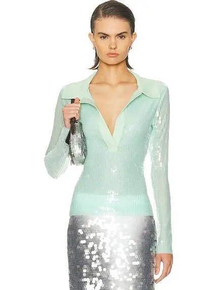 Monse Knit Collar Sequin Polo Top - Seafoam