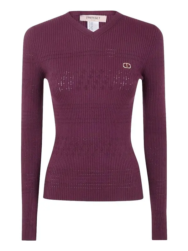 Twin-set Ribbed Knit V-neck Sweater - Purple