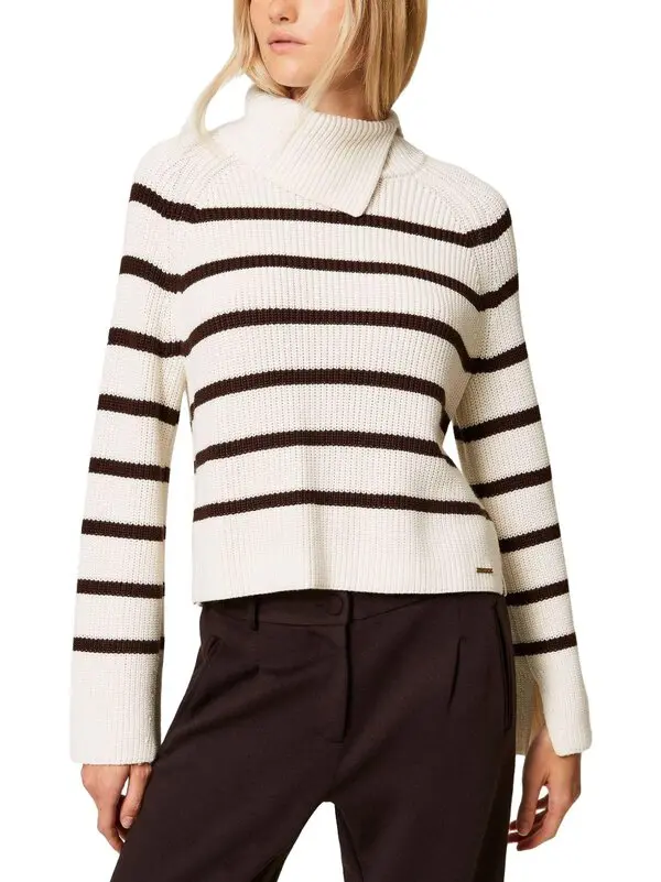 TWINSET Striped Ribbed Knit Sweater - Off White/chocaolate