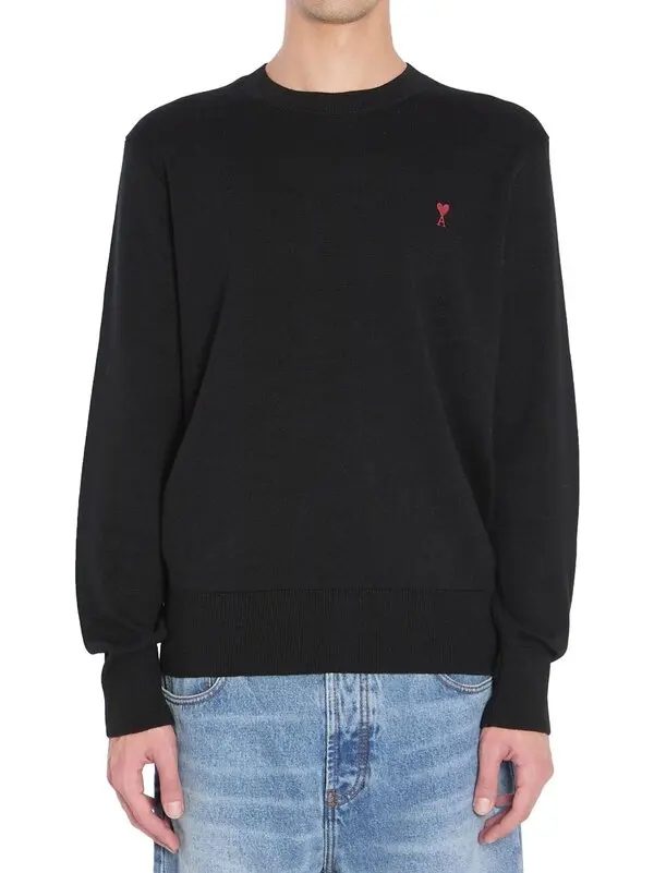 Ami Merino Wool Crew Neck Sweater With Embroidered Heart - Black