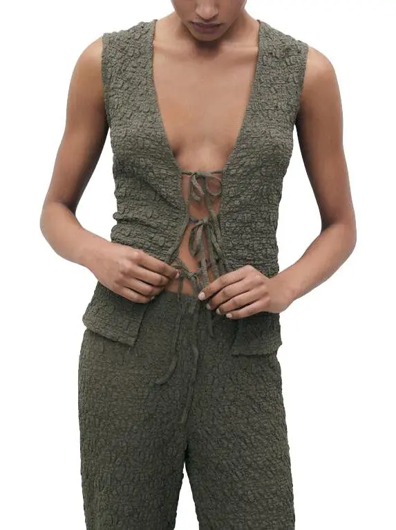 Mango Texture Bow Sleeveless Top - Khaki Grey