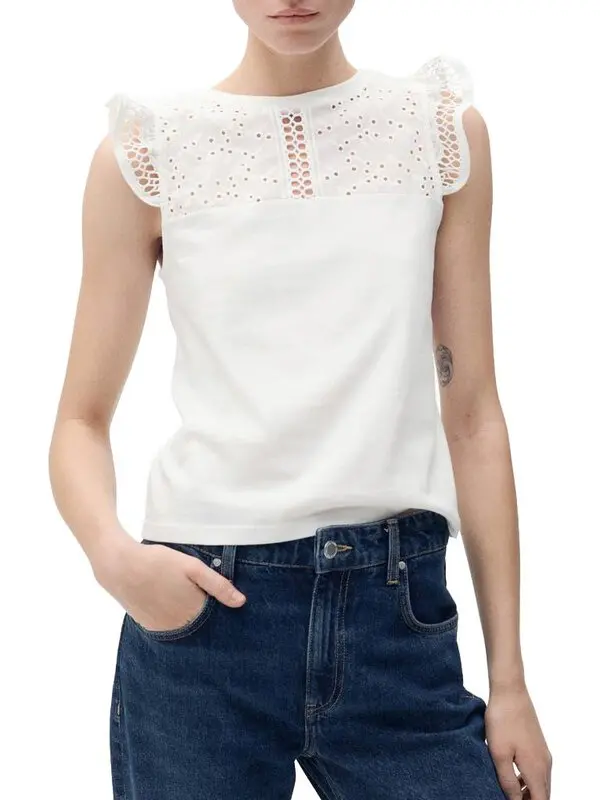Mango Embroidered Eyelet Cotton Top - White