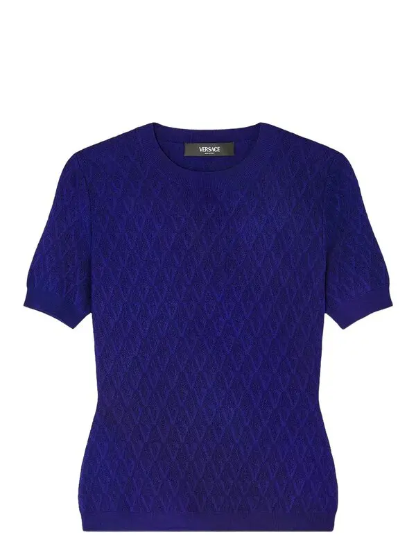 Versace Textured-knit Short-sleeve Top - Blue