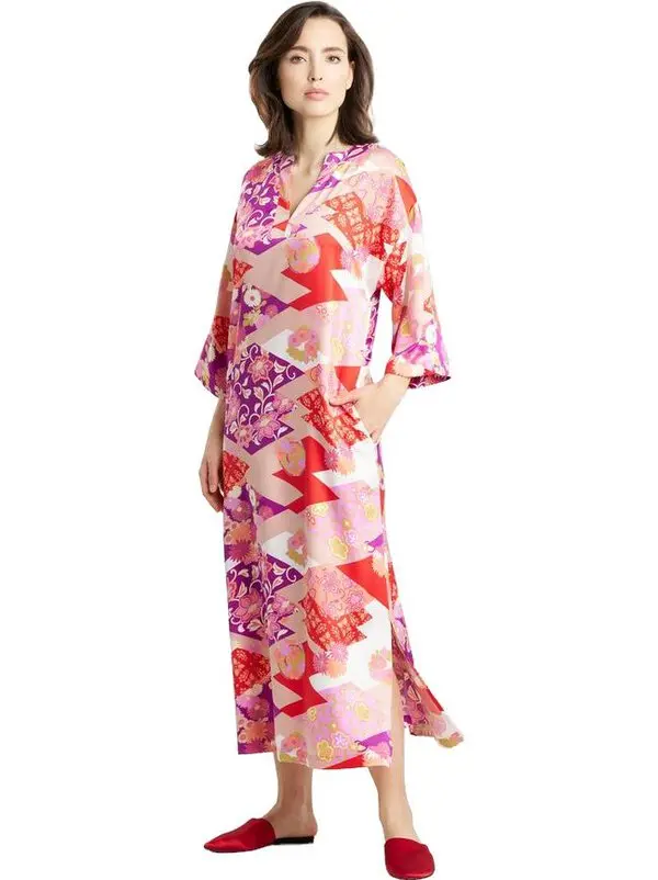 Natori Deco Satin Mandarin Caftan - Orange