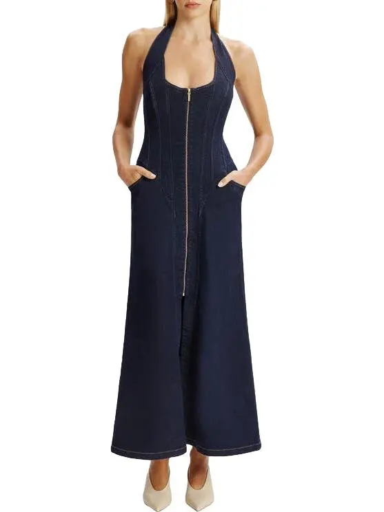 Bardot Martel Denim Halter Dress - Dark