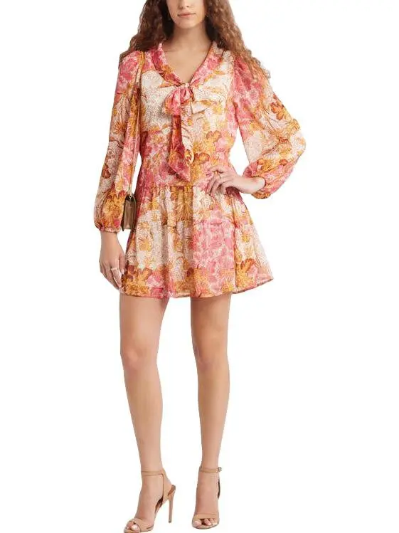 Chelsea28 Metallic Tie Neck Long Sleeve Tiered Dress - Pink Yellow Paisley Patch