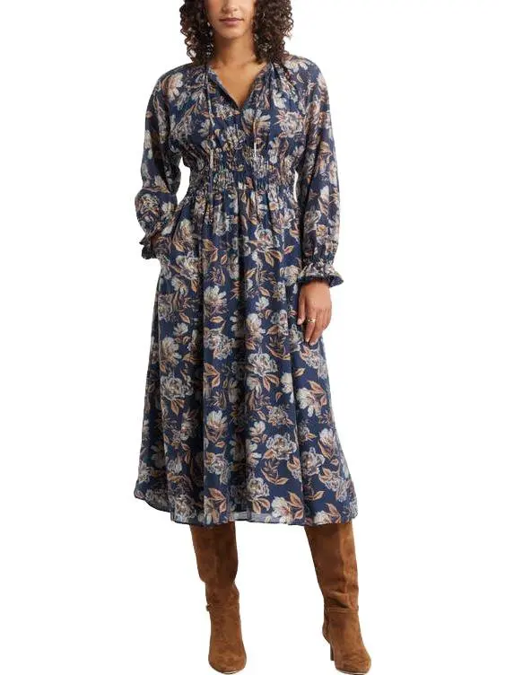 Chelsea28 Long Sleeve Smocked Waist Midi Dress - Navy- Green Frannie Floral