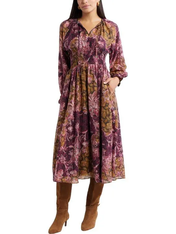 Chelsea28 Long Sleeve Smocked Waist Midi Dress - Purple- Yellow Paisley Patch