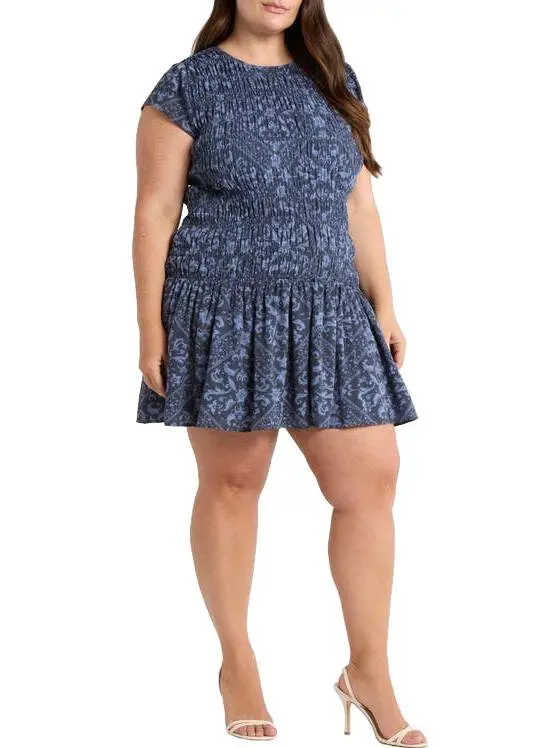 Chelsea28 Smocked Bodice Drop Waist Dress - Navy- Blue Ornate Boho