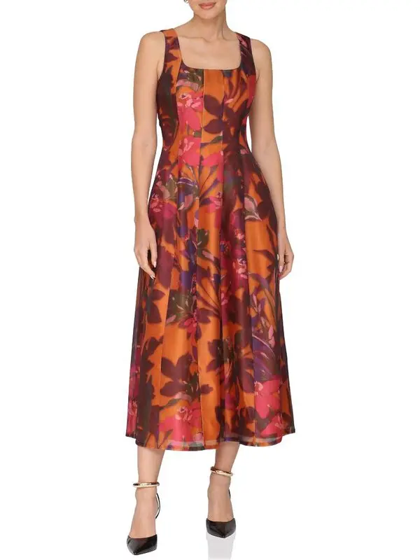 Avec Les Filles Printed Sleeveless Midi Dress - Jardin Paint