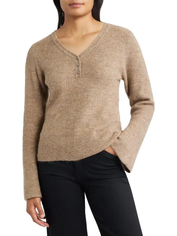 Wit & Wisdom Bell Sleeve Henley Sweater - Heather Brown