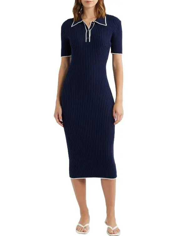 ZOE AND CLAIRE Collared Ribbed Knit Midi Dress - Navy/white