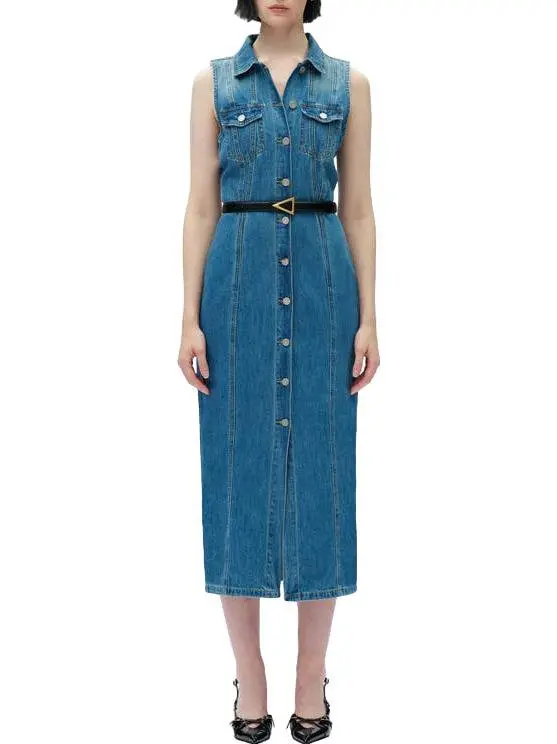 BAYEAS Sleeveless Denim Maxi Shirt Dress - Medium Blue