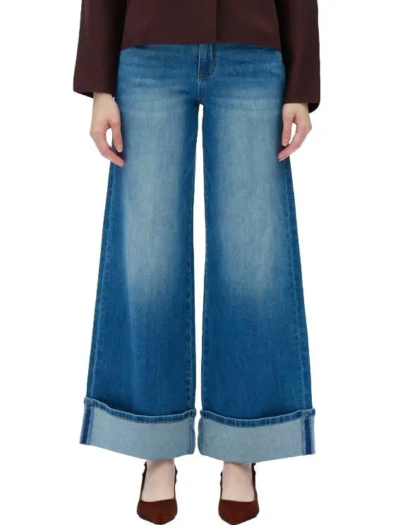 BAYEAS Cuffed Wide Leg Jeans - Medium Blue