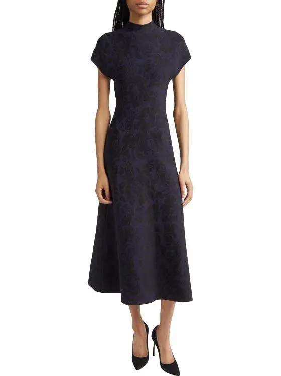 Lela Rose Floral Jacquard Midi Dress - Navy/black