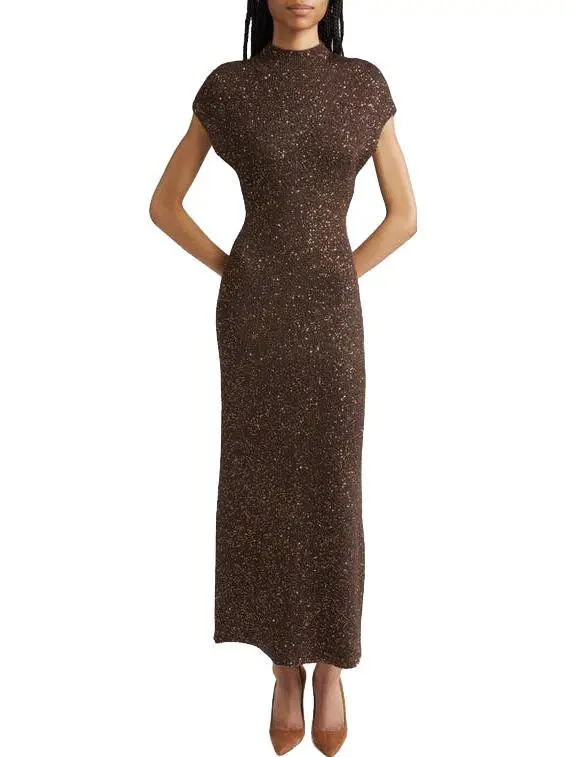 Lela Rose Funnel Neck Sequin Knit Maxi Dress - Chocolate
