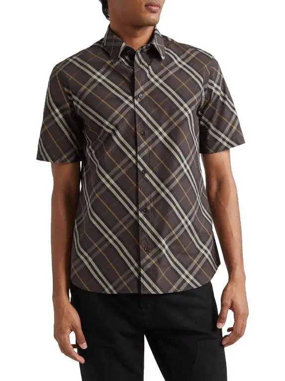 Burberry Robert Check Short Sleeve Cotton Button-up Shirt - Truffle Ip Check