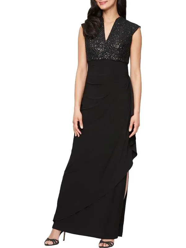 Alex Evenings Sequin Corded Lace Bodice Empire Waist Gown - Black/beige