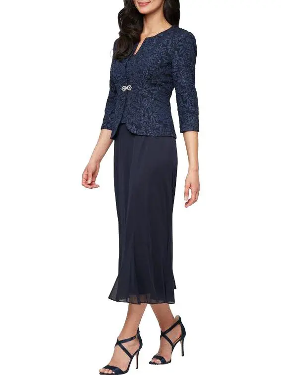 Alex Evenings Jacquard Dress With Jacket - Navy