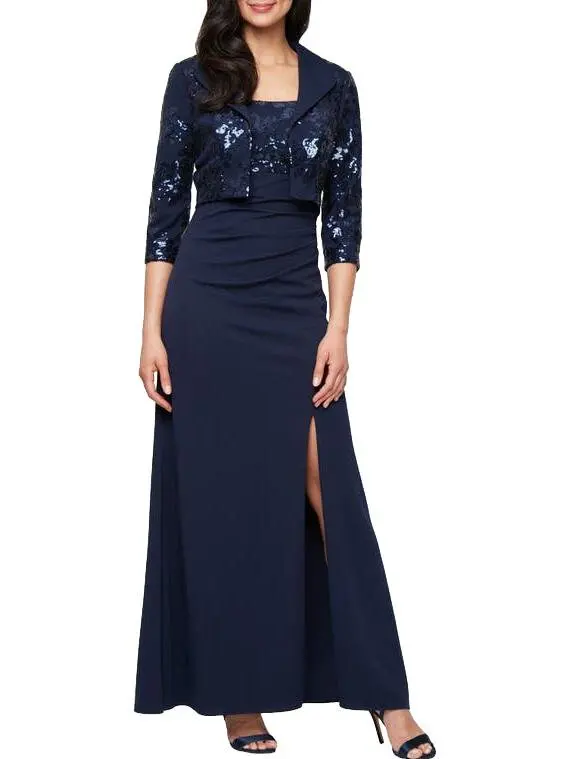 Alex Evenings Sequin Detail Sleeveless Gown With Bolero Jacket - Navy