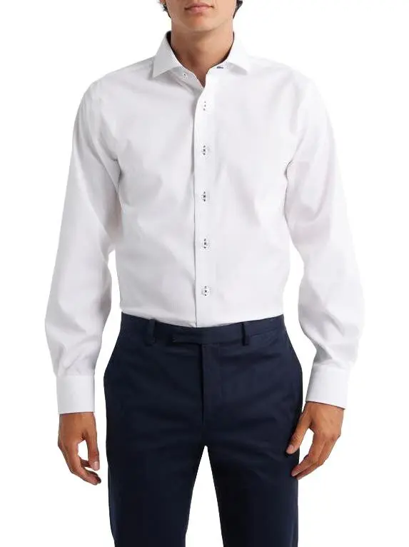Lorenzo Uomo Trim Fit Solid Textured Stretch Cotton Dress Shirt - White