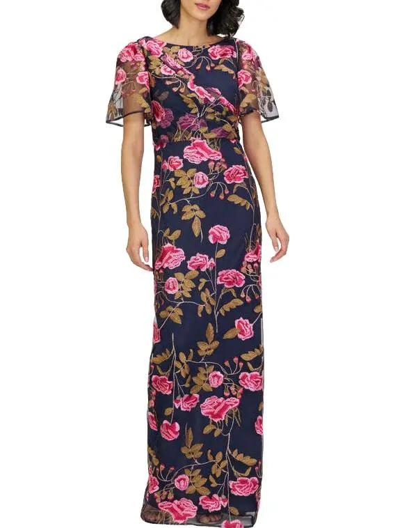 Js Collections Floral Embroidery Column Gown - Navy Multi