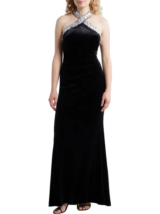 Eliza J Rhinestone Detail Velvet Gown - Black