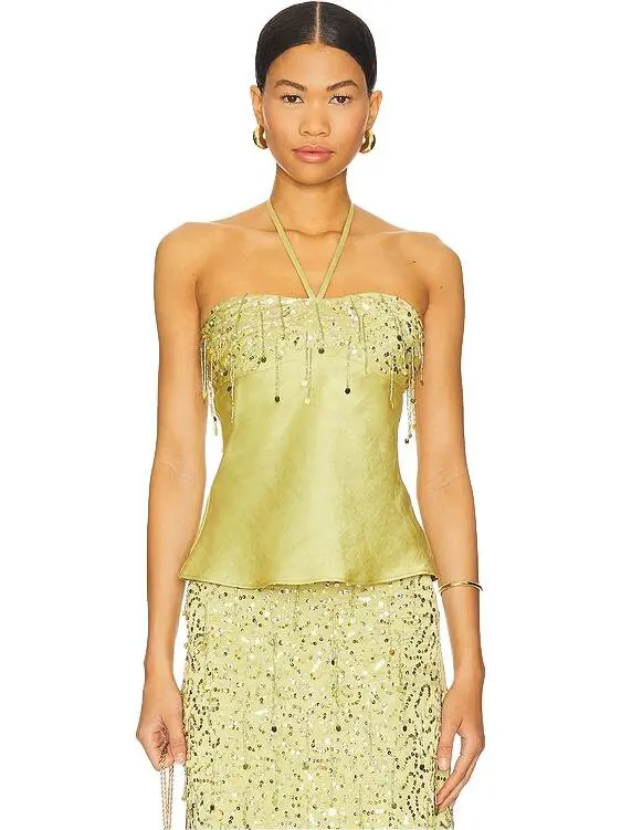 ASTA RESORT Yasmin Hand Beaded Halter Neck Top - Olive Oil