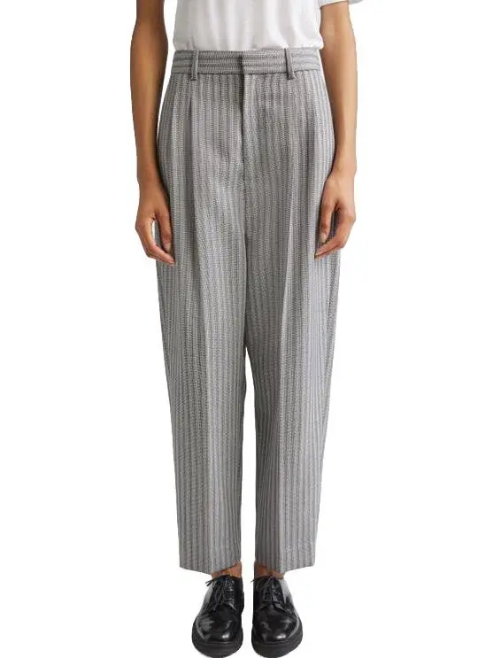 Partow Rosen Pleated Textured Stripe Virgin Wool Pants - Dark Grey Stripe